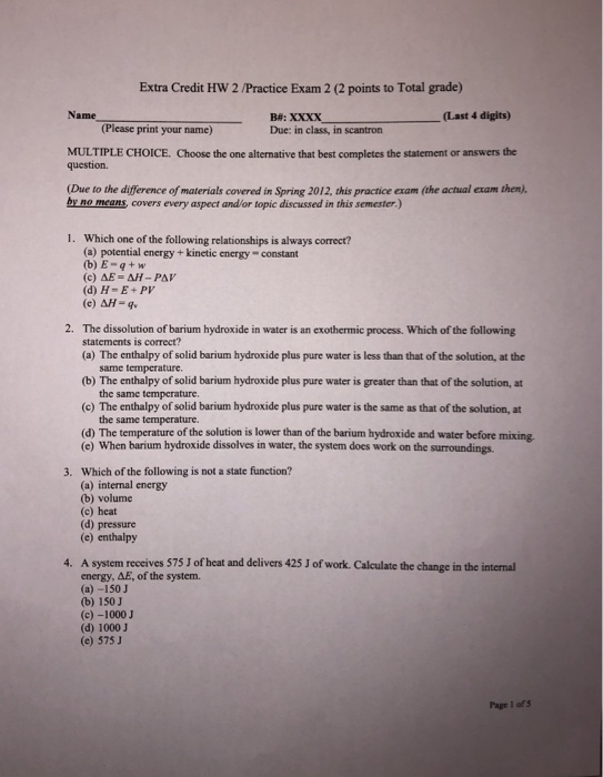 Solved Extra Credit HW 2 /Practice Exam 2 (2 points to Total | Chegg.com