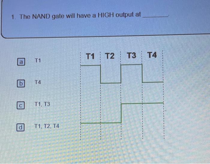 Solved 1. The NAND gate will have a HIGH output at T1 T4 T1, | Chegg.com