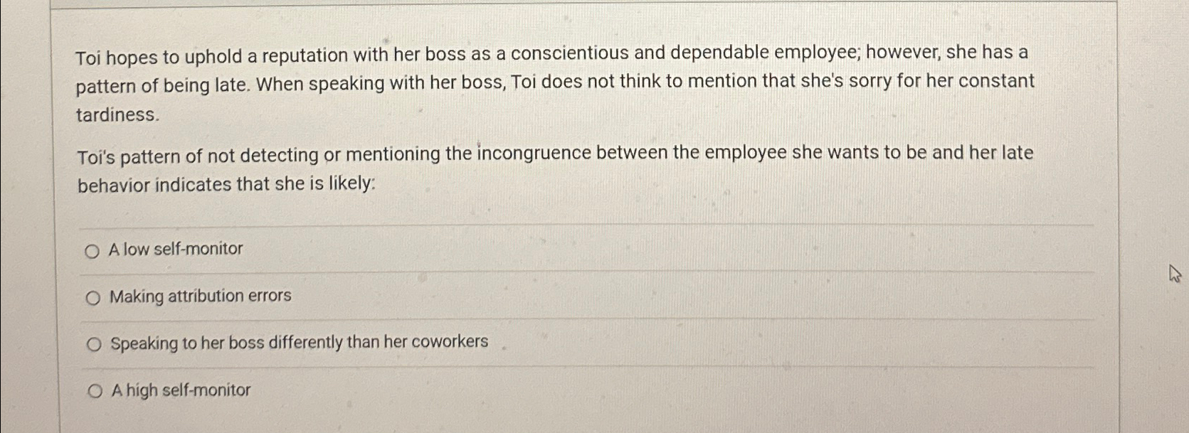Solved Toi hopes to uphold a reputation with her boss as a | Chegg.com