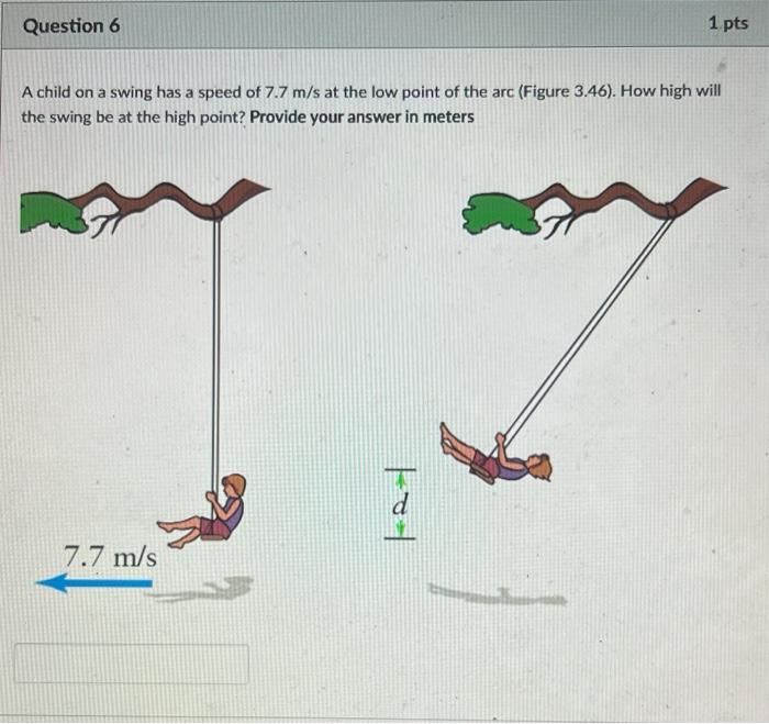 Solved A child on a swing has a speed of 7.7 m/s at the low | Chegg.com