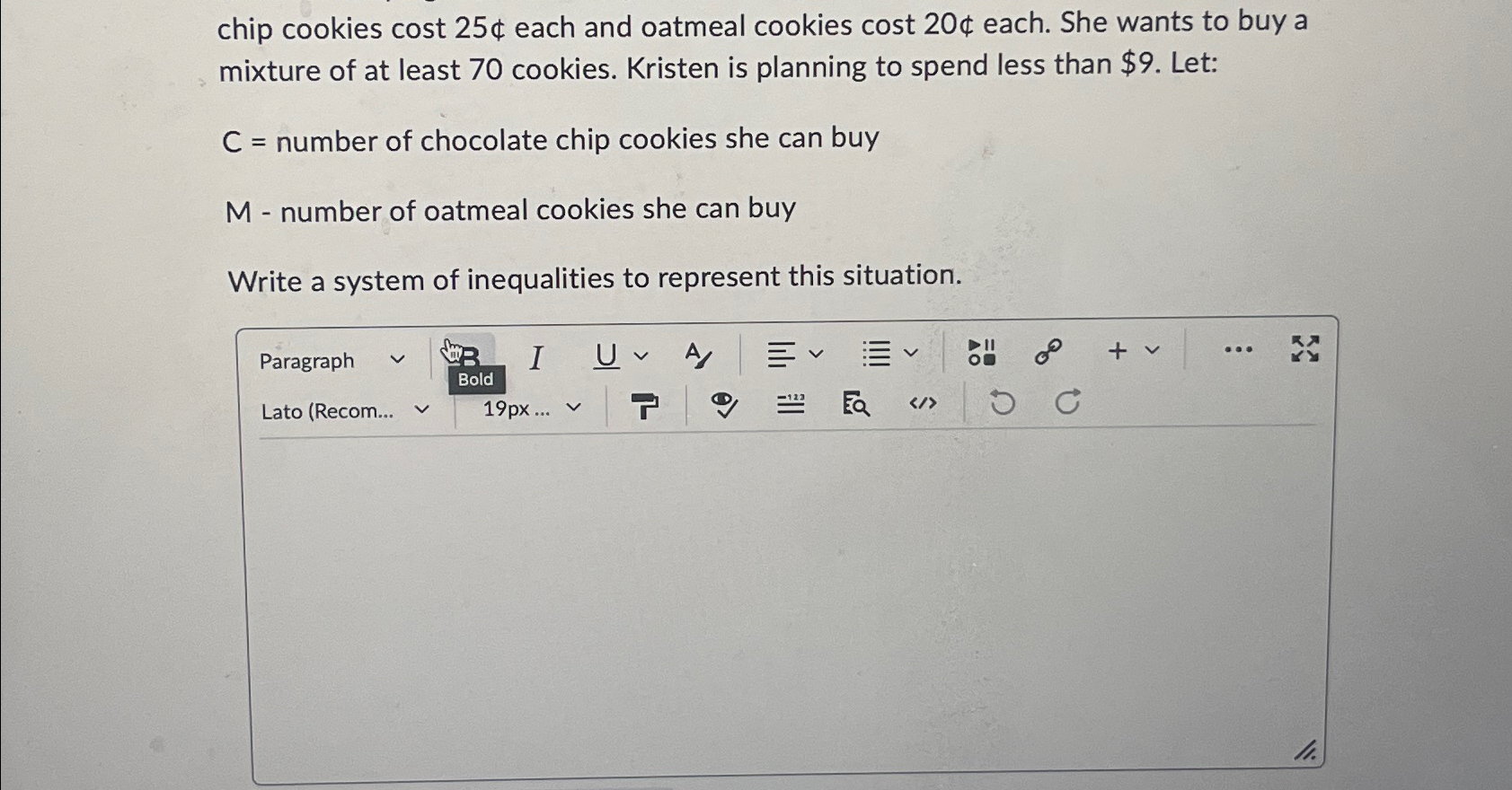 Solved chip cookies cost 25$ each and oatmeal cookies cost | Chegg.com