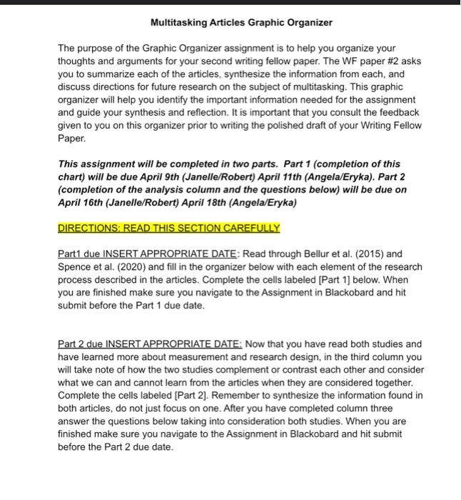 Multitasking Articles Graphic Organizer The purpose | Chegg.com