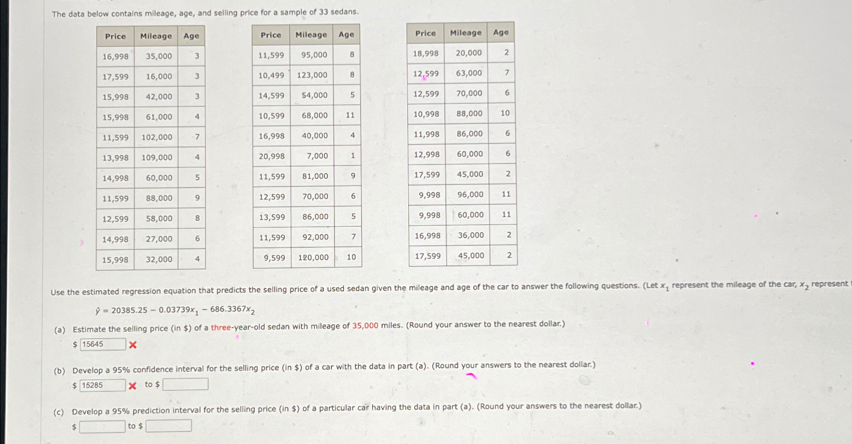 Solved The data below contains mileage, age, and selling | Chegg.com