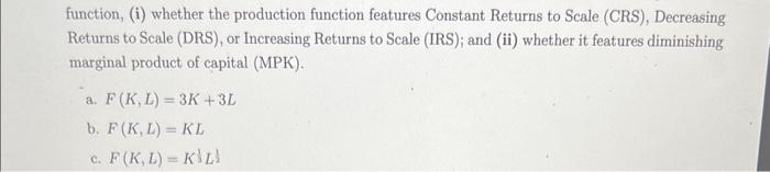 Solved function, (i) whether the production function | Chegg.com