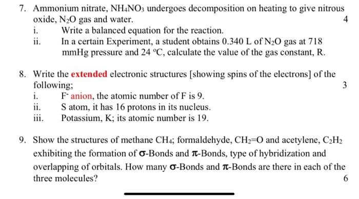 Solved 7. Ammonium nitrate, NH4NO3 undergoes decomposition | Chegg.com