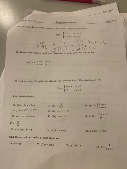 Solved FALL 2019 - Math 111 Final Ileview Problems FALL 2019 | Chegg.com