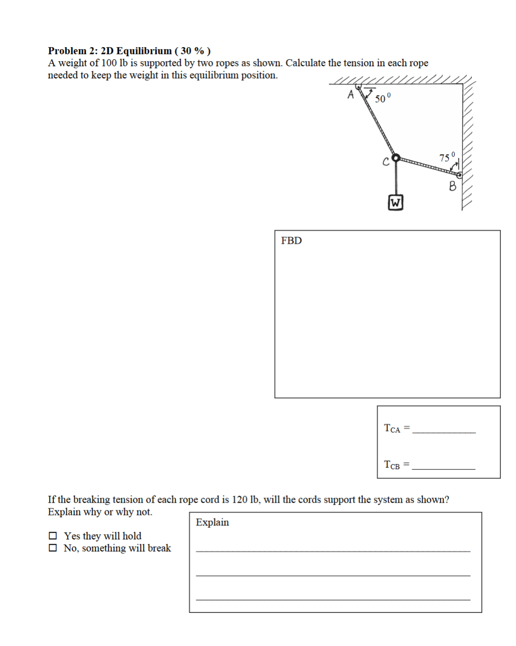 Solved Problem 2: 2D Equilibrium ( 30% )A weight of 100lb | Chegg.com