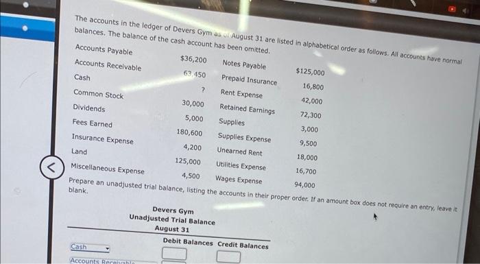 Solved The accounts in Gee ledger of Devers Gym as of August | Chegg.com