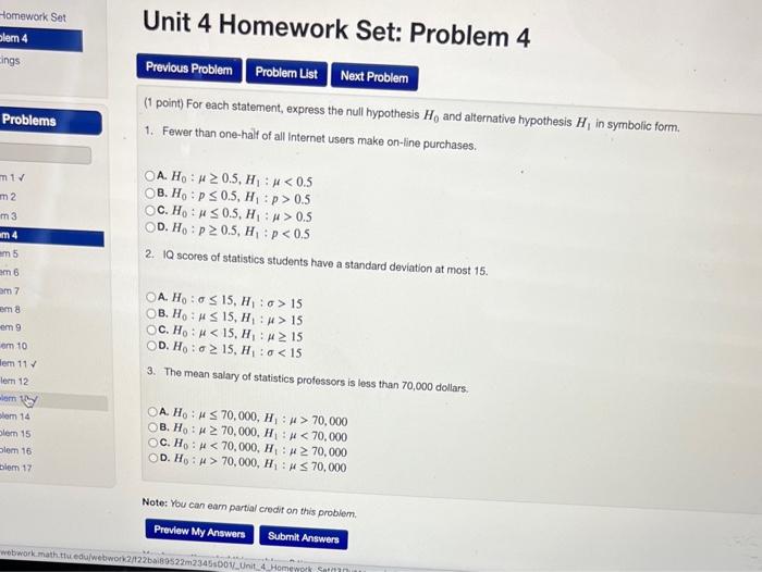 Solved (1 point) For each statement, express the null | Chegg.com
