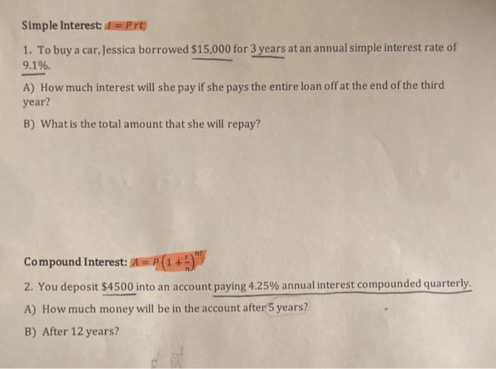 Solved Simple Interest: I = Pro 1. To buy a car, Jessica | Chegg.com