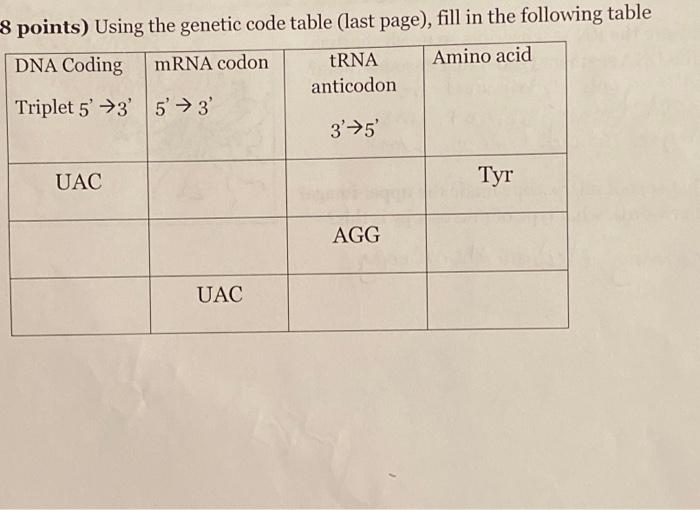Solved 8 points) Using the genetic code table (last page), | Chegg.com
