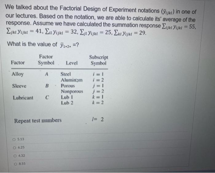 Solved We talked about the Factorial Design of Experiment | Chegg.com
