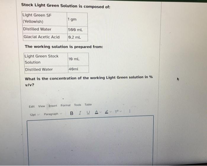 Solved Stock Light Green Solution is composed of: The | Chegg.com
