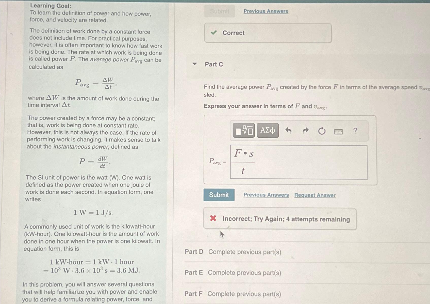 Solved Learning Goal:To leam the definition of power and how | Chegg.com