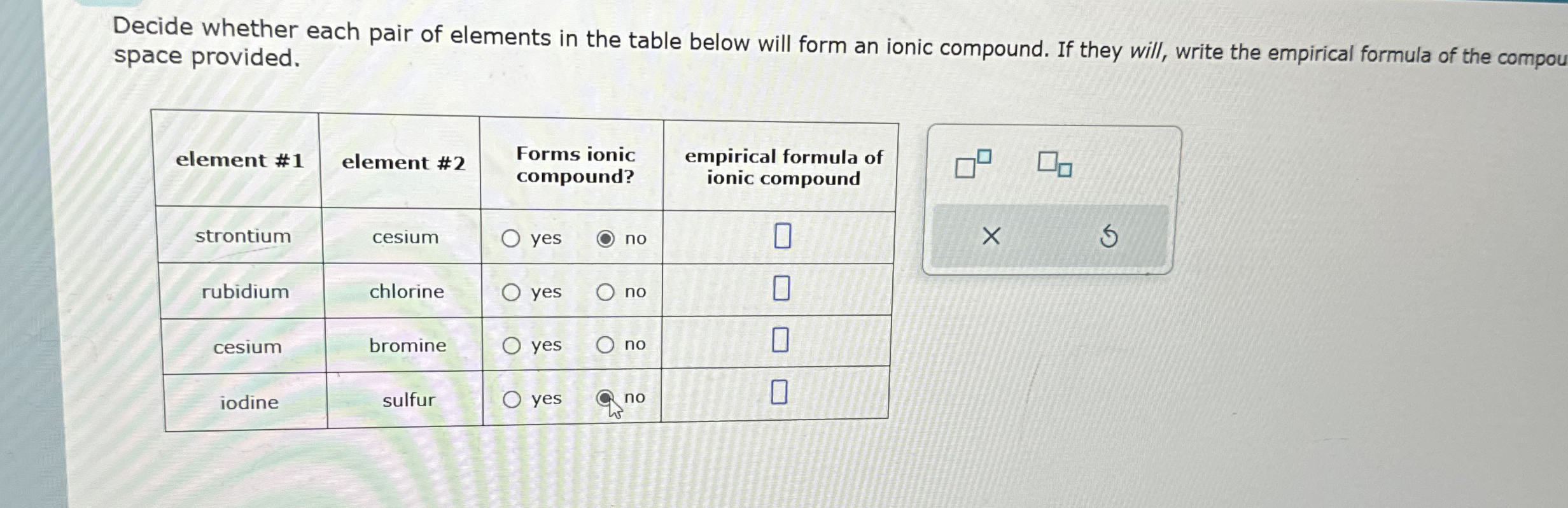 Solved Decide whether each pair of elements in the table | Chegg.com