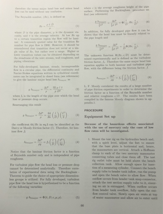 EXPERIMENT 107. ENERGY LOSSES IN PIPES - PRELAB 1. | Chegg.com
