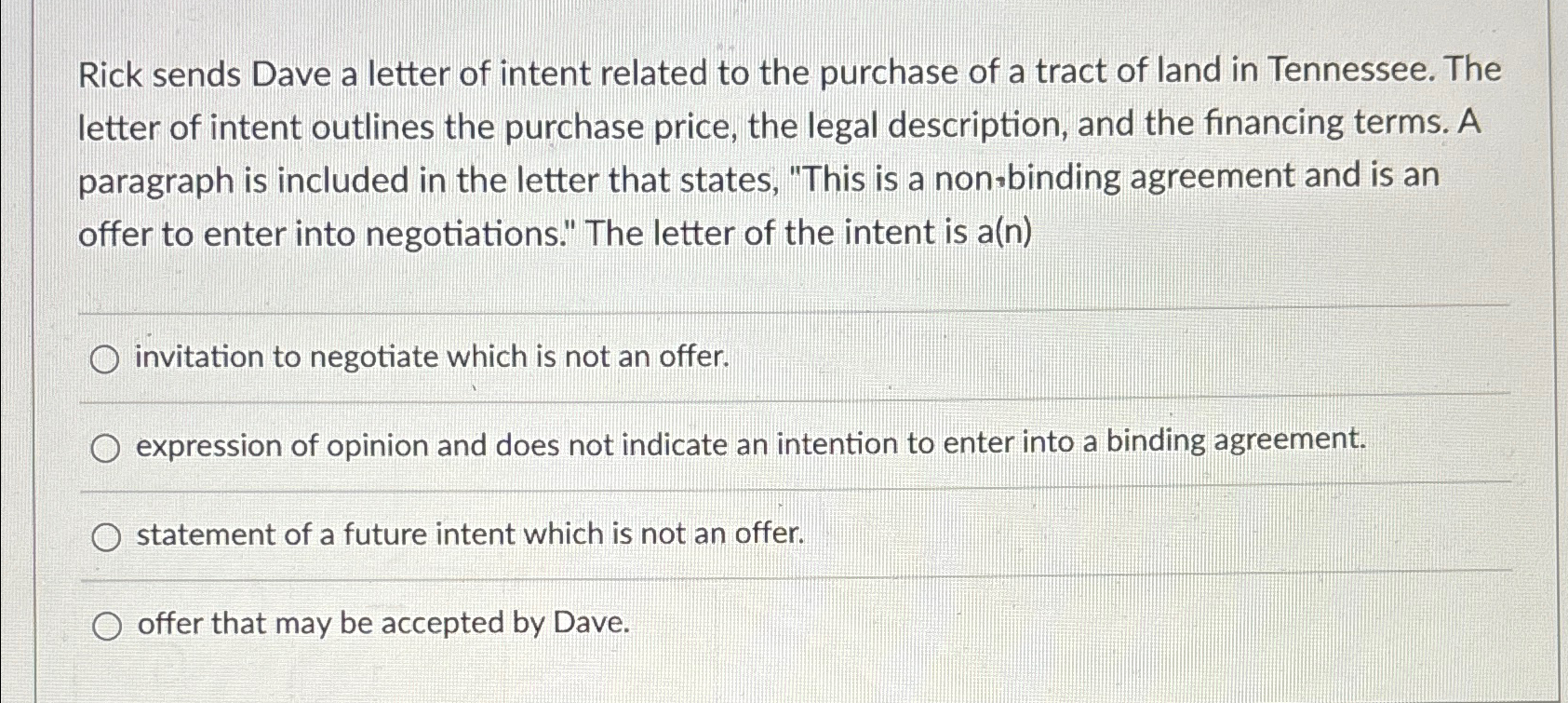 Solved Rick sends Dave a letter of intent related to the | Chegg.com