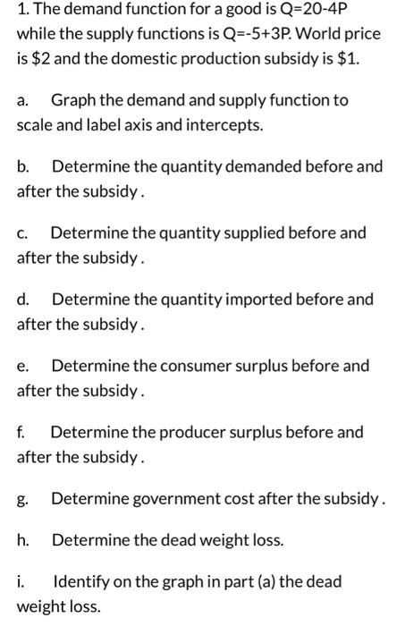 1. The demand function for a good is Q=20−4P while | Chegg.com