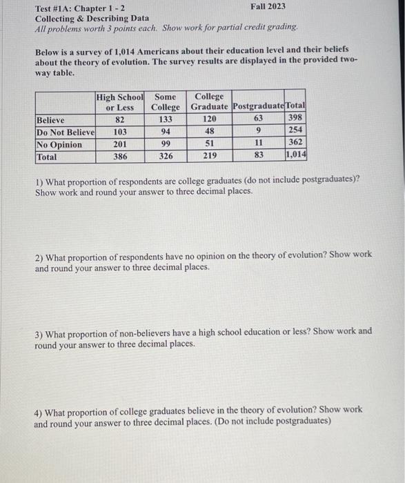 Solved Test #1A: Chapter 1 - 2 Collecting & Describing Data | Chegg.com