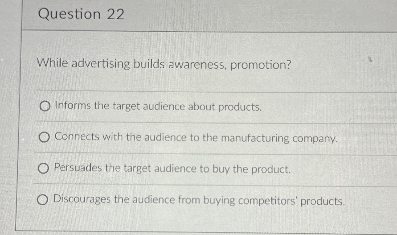 Solved Question 22While advertising builds awareness, | Chegg.com