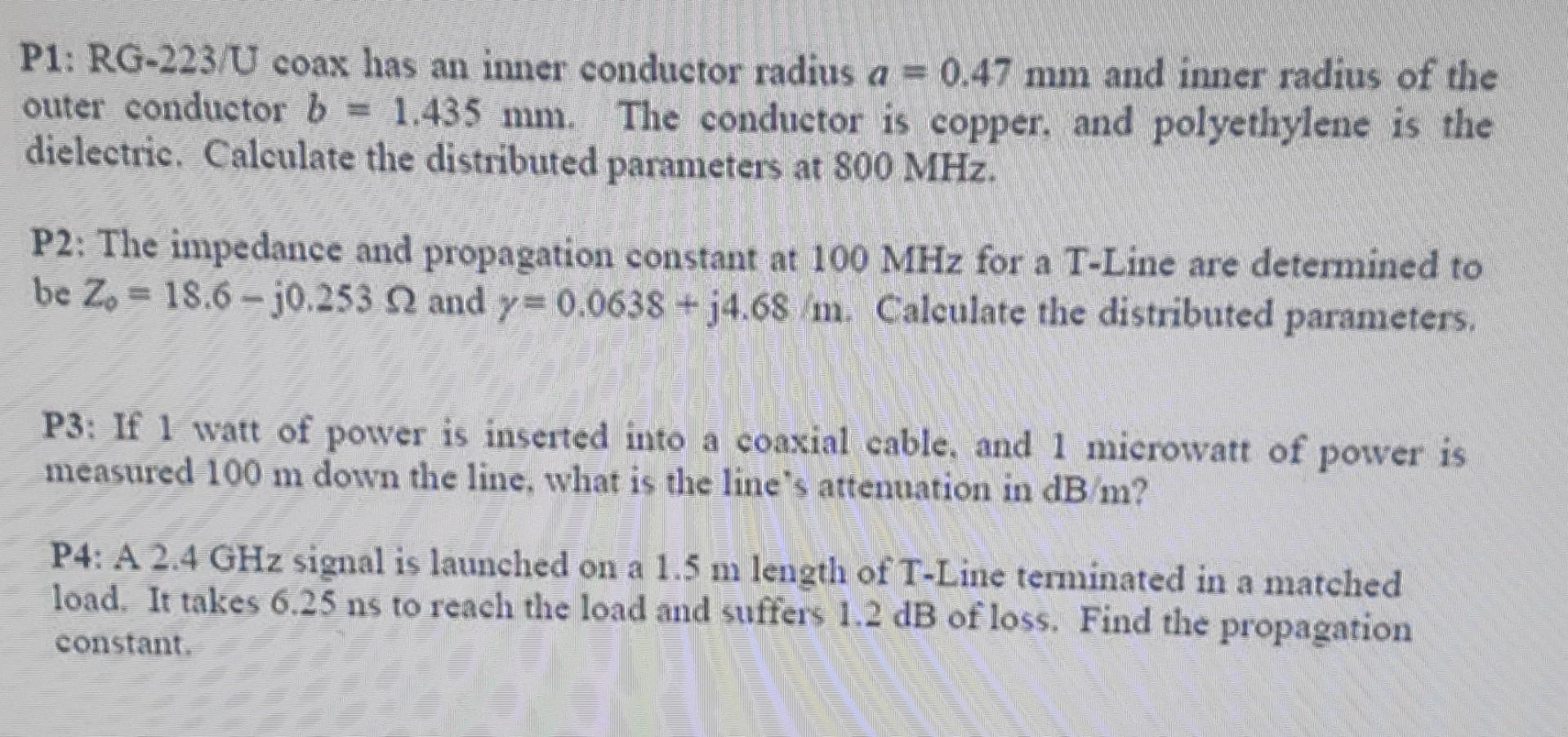 Solved P1: RG-223/U coax has an inner conductor radius | Chegg.com