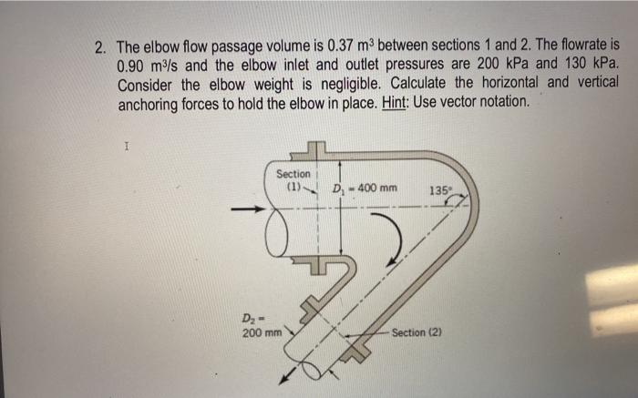 Solved 2. The elbow flow passage volume is 0.37 m3 between | Chegg.com