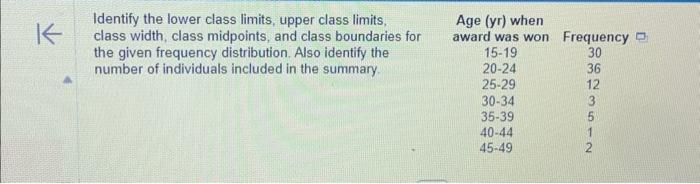 Solved Identify the lower class limits, upper class limits, | Chegg.com