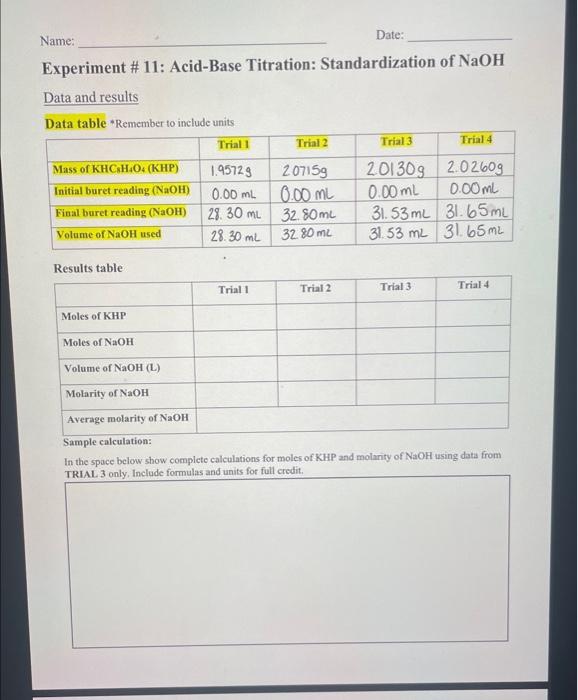 Solved Experiment \# 11: Acid-Base Titration: | Chegg.com