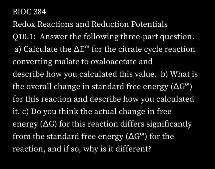 Solved BIOC 384 Redox Reactions and Reduction Potentials | Chegg.com