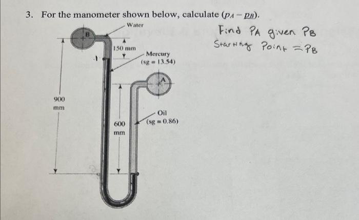 Solved 3. For the manometer shown below, calculate (pA−pB). | Chegg.com