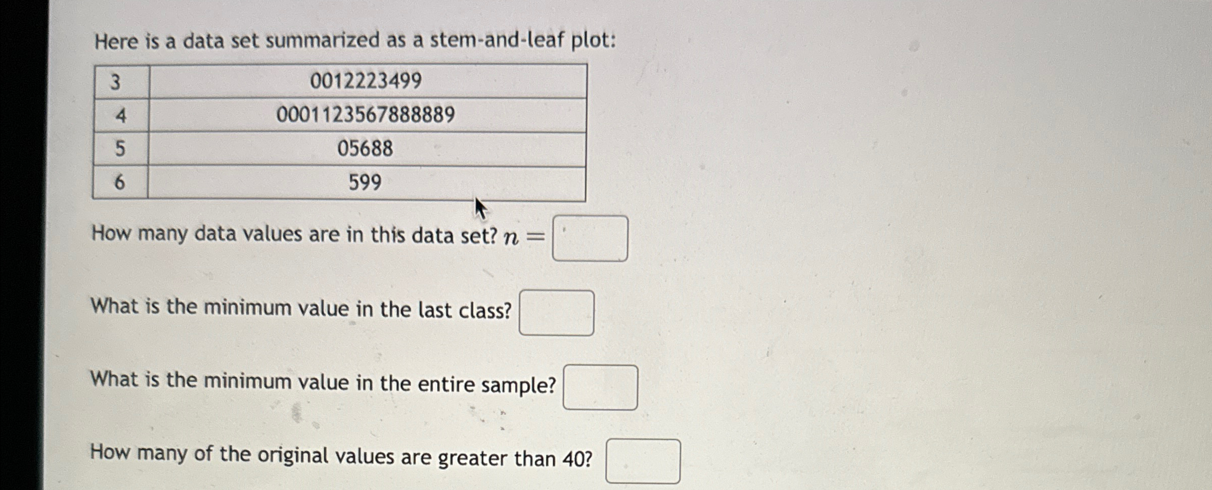 Solved Here is a data set summarized as a stem-and-leaf | Chegg.com