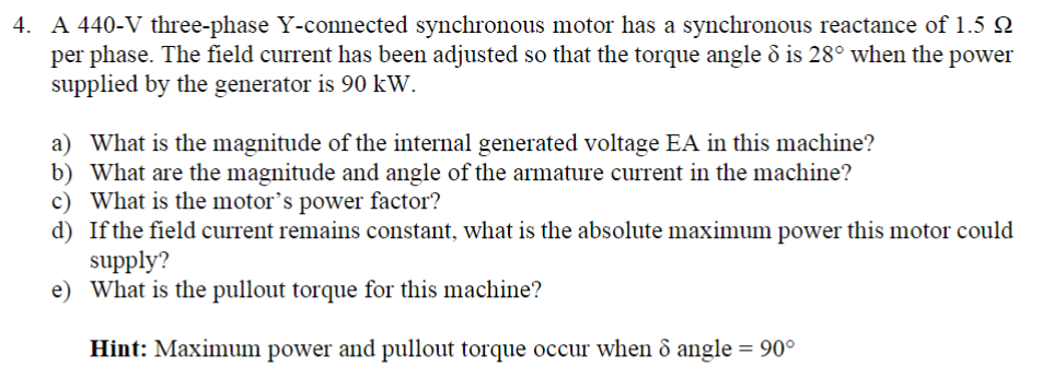 Solved A 440-V ﻿three-phase Y-connected synchronous motor | Chegg.com