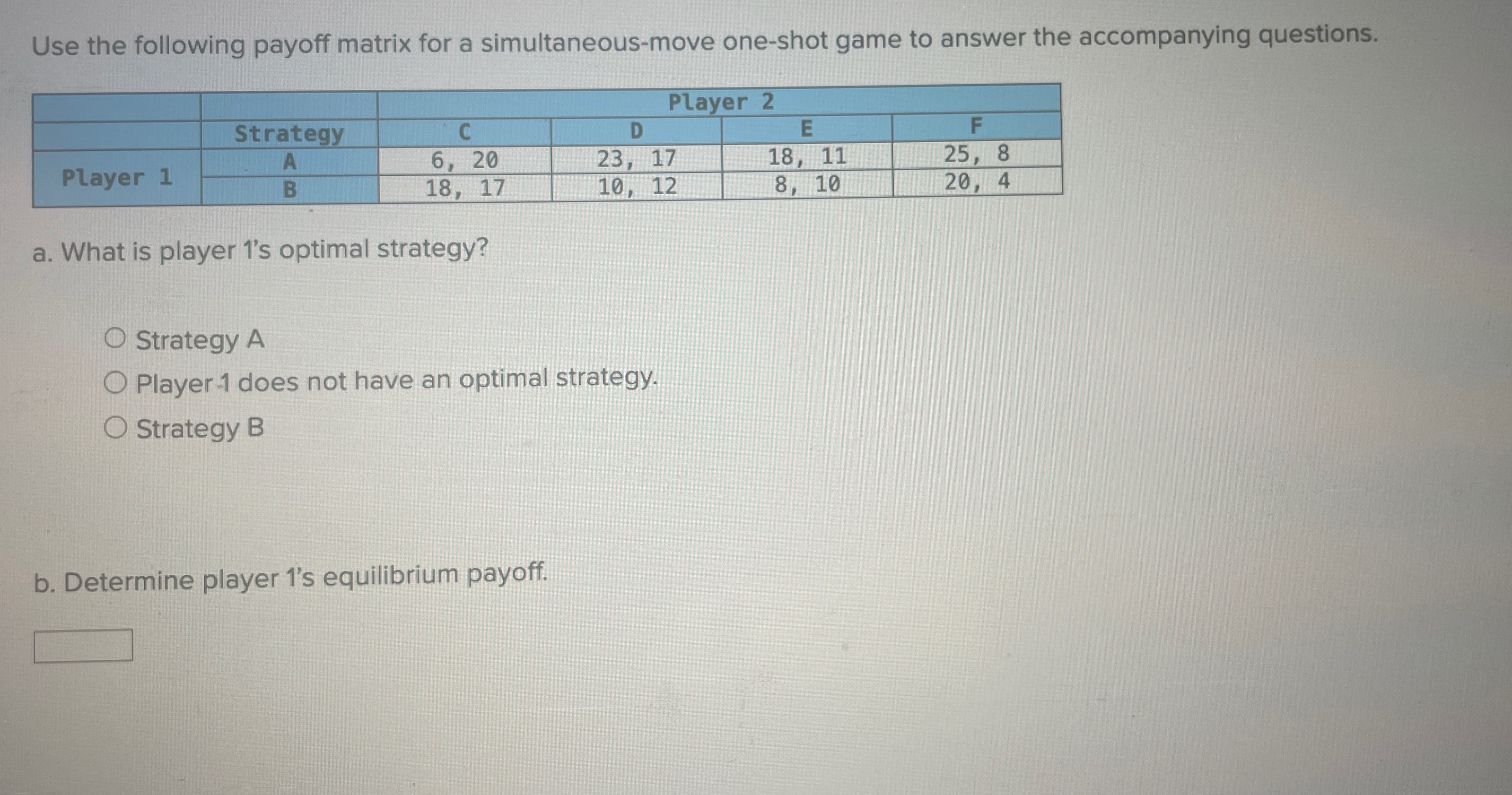 Solved Use the following payoff matrix for a | Chegg.com