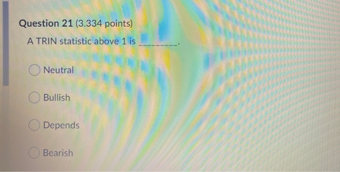 Solved Question 21 (3.334 points) A TRIN statistic above 1 | Chegg.com