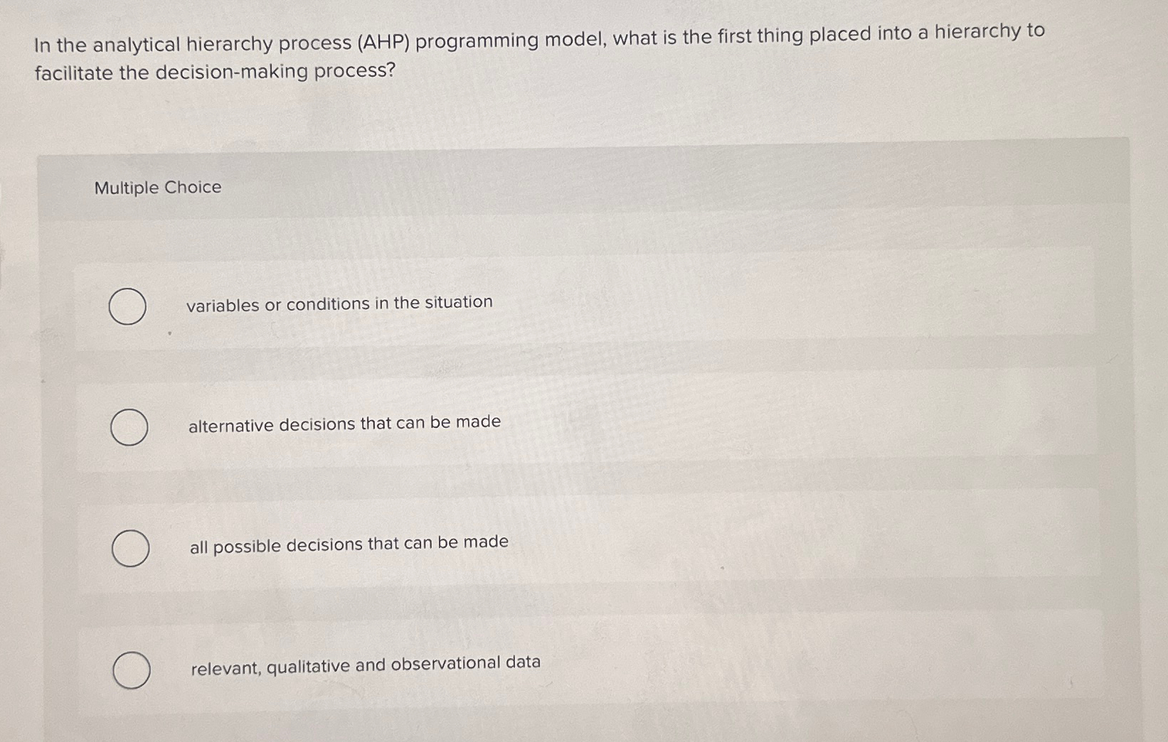 Solved In the analytical hierarchy process (AHP) | Chegg.com