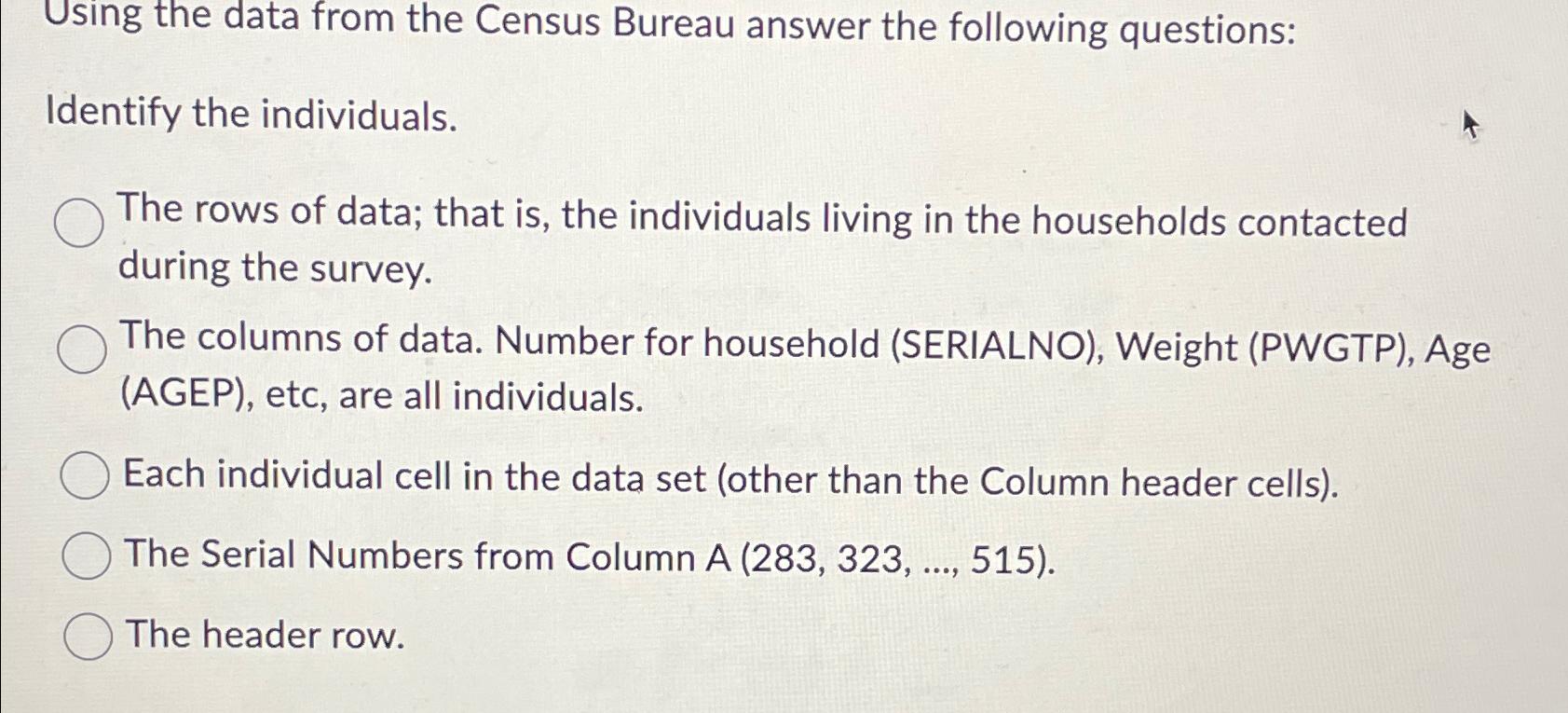 Solved Using the data from the Census Bureau answer the | Chegg.com