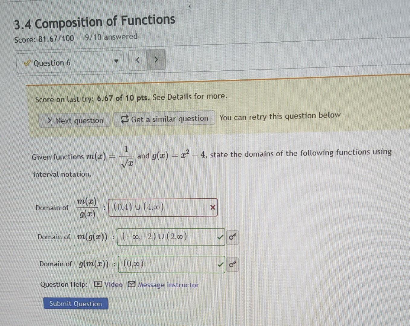 Solved 3.4 Composition of Functions Score: 81.67/1009/10 | Chegg.com