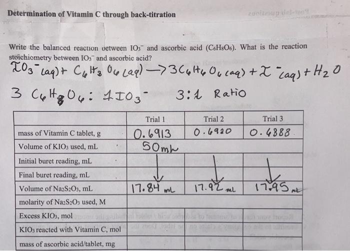 Solved Molarity of Na2S203, Excess KIO3 reacted with vitamin | Chegg.com