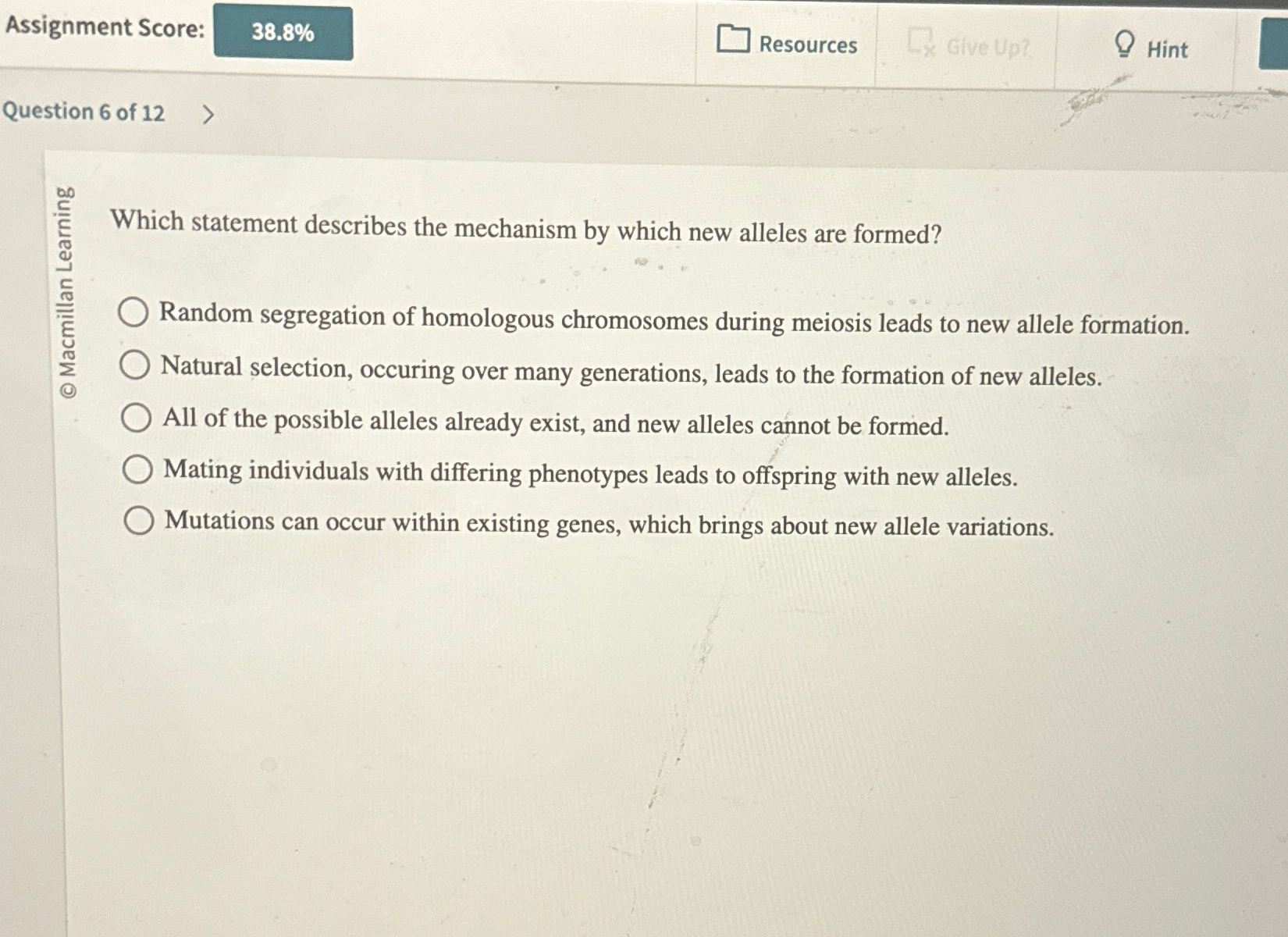 Solved Assignment Score:ResourcesHintQuestion 6 ﻿of 12Which | Chegg.com