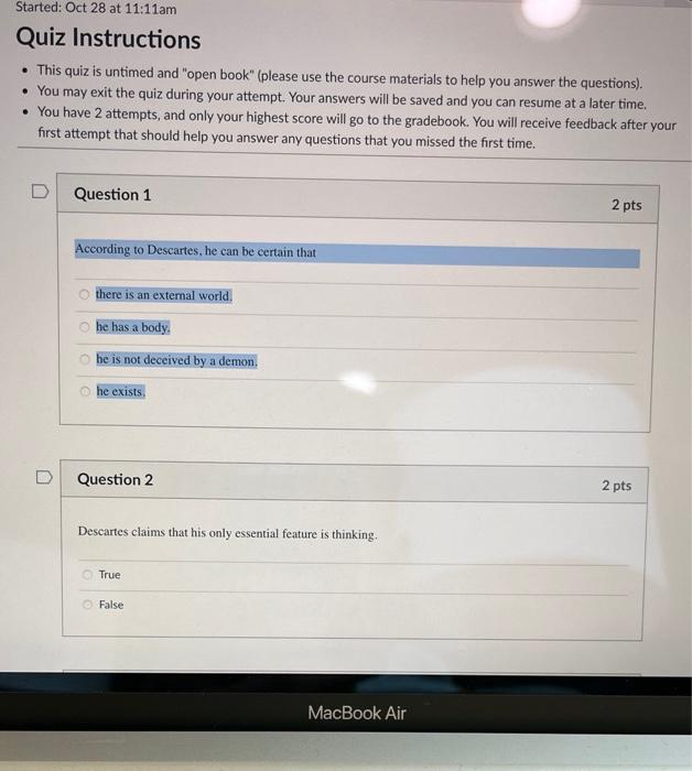 Quiz Instructions - This quiz is untimed and "open | Chegg.com