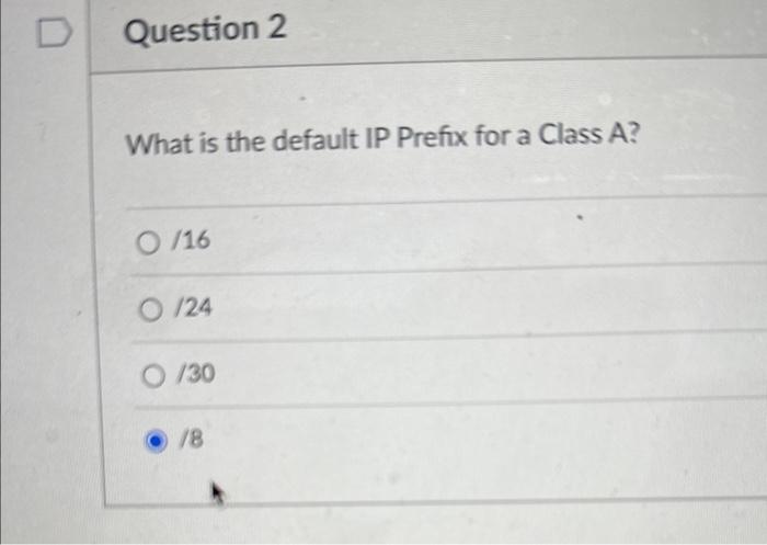 Solved What is the default IP Prefix for a Class A? /16 124 | Chegg.com