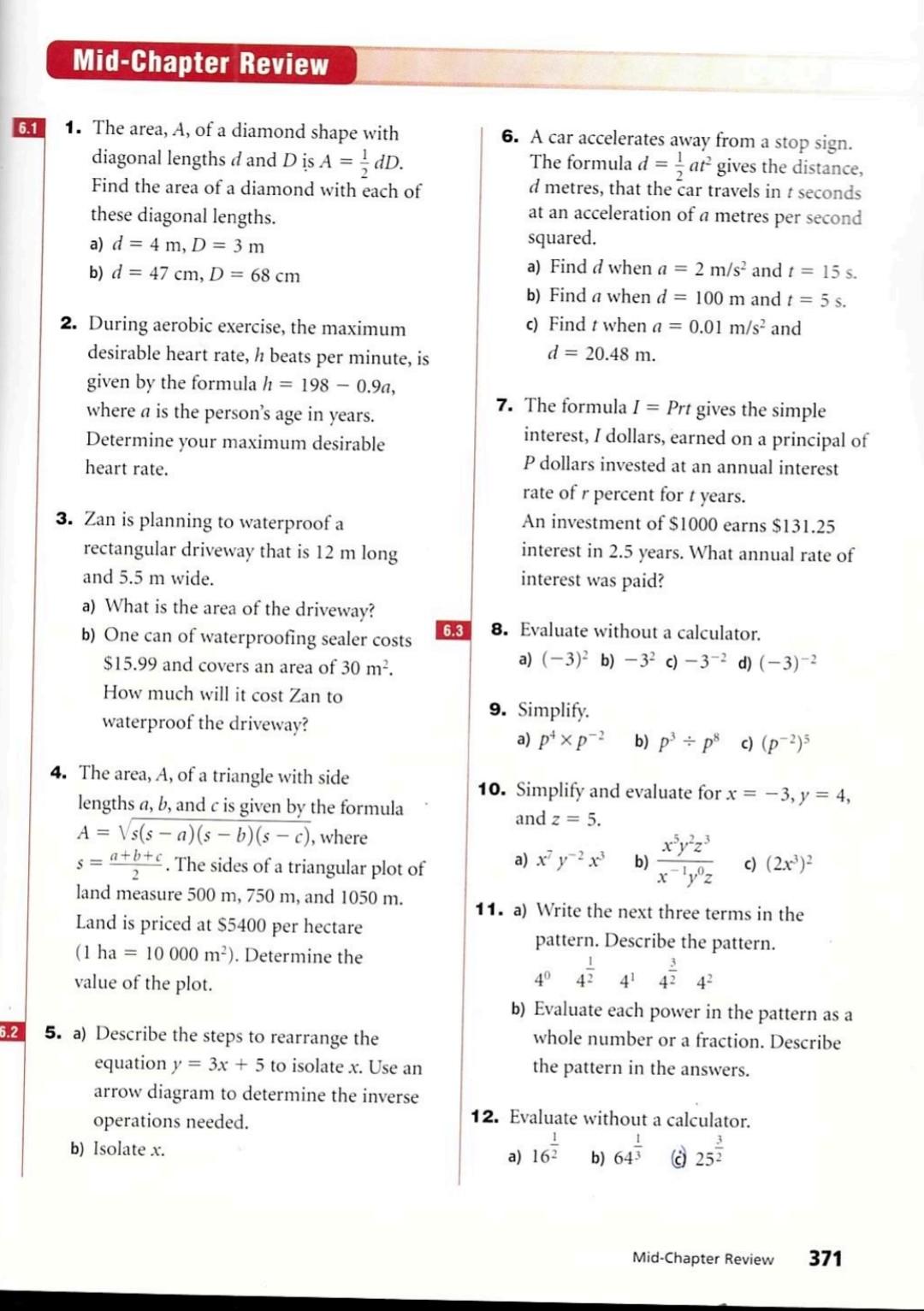 Solved Mid-Chapter Review 6.1 1. The area, A, of a diamond | Chegg.com