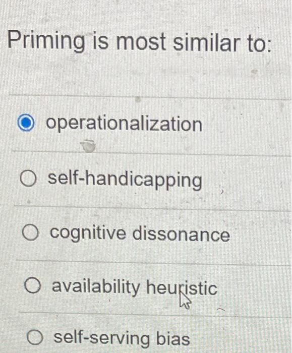 Solved Priming is most similar to: operationalization | Chegg.com