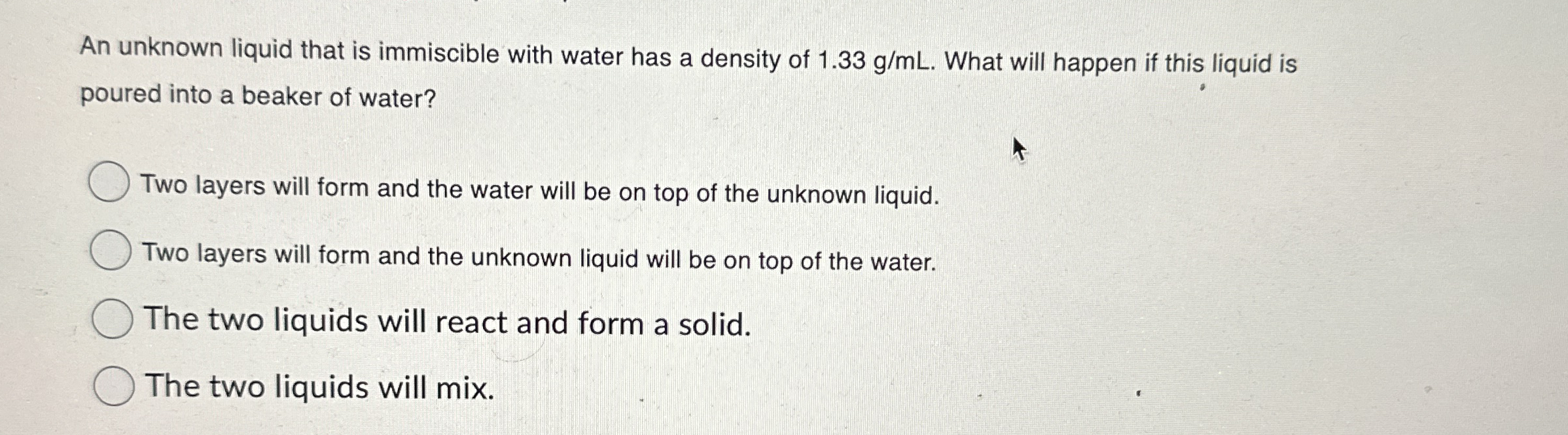 Solved An unknown liquid that is immiscible with water has a | Chegg.com