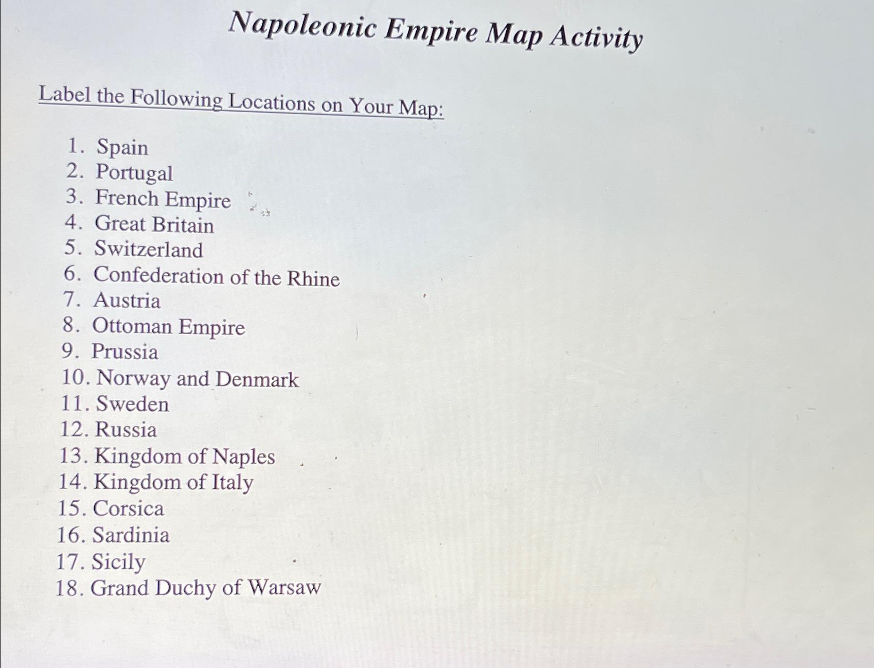 Napoleonic Empire Map ActivityLabel the Following | Chegg.com
