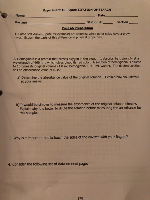 Solved Experiment 10 - QUANTITATION OF STARCH Date Name | Chegg.com