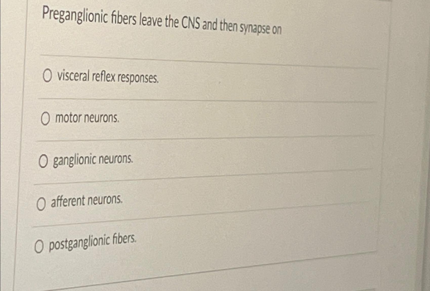 Solved Preganglionic fibers leave the CNS and then synapse | Chegg.com