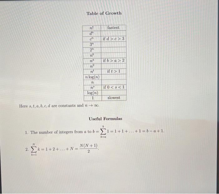 Solved Table of Growth Here s,t,a,b,c,d are constants and | Chegg.com