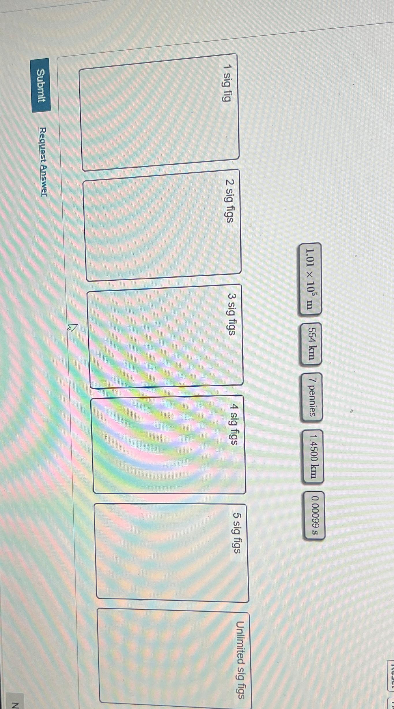 1.01×105m,554km1 ﻿sig fig2 ﻿sig figs5 ﻿sig | Chegg.com