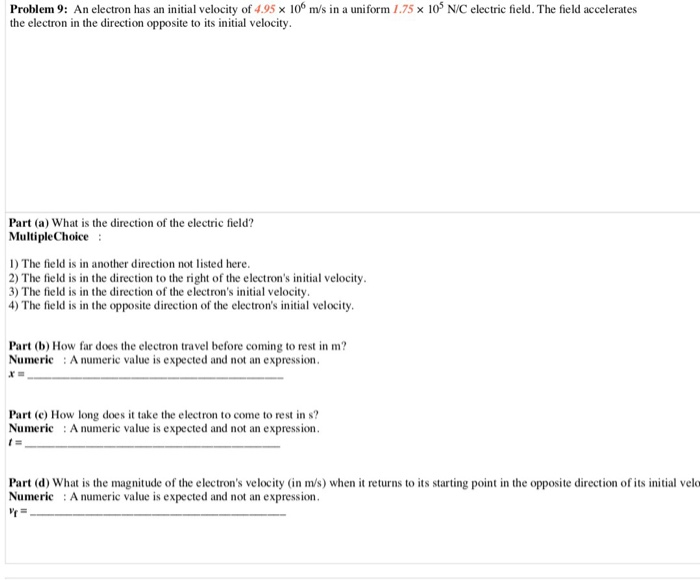 Solved Problem 9: An electron has an initial velocity of | Chegg.com